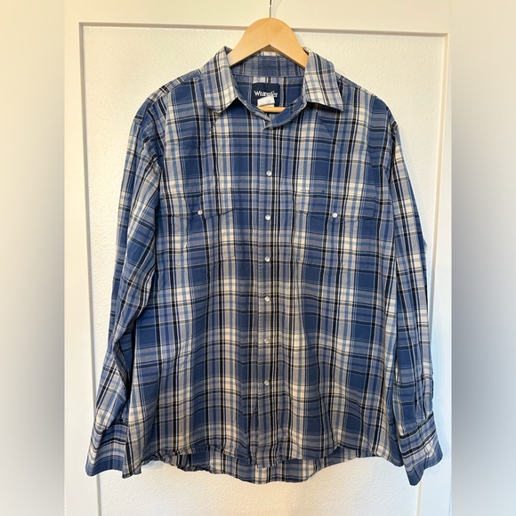 Wrangler | Shirts | Western Style Wrangler Mens Blue Plaid Ls Pearl ...